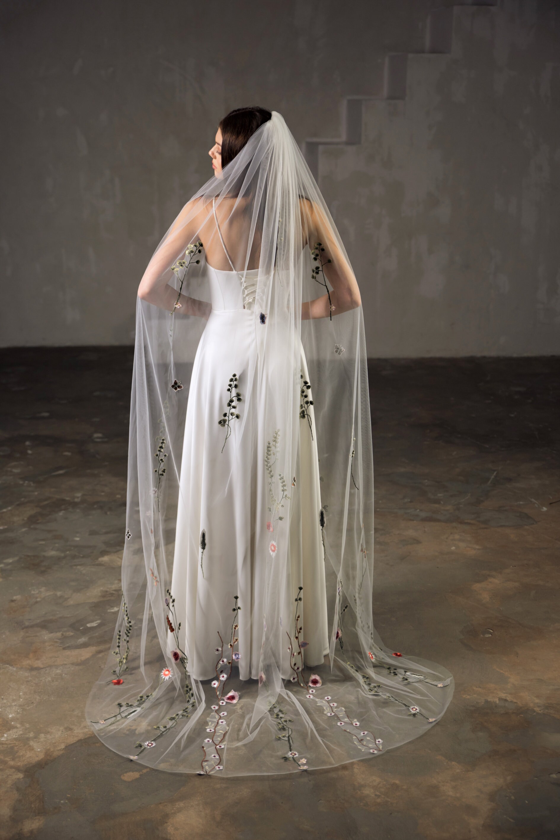 Embroidered Floral Wedding Veil: Multi-color Tulle, Boho Bridal Veil - Etsy