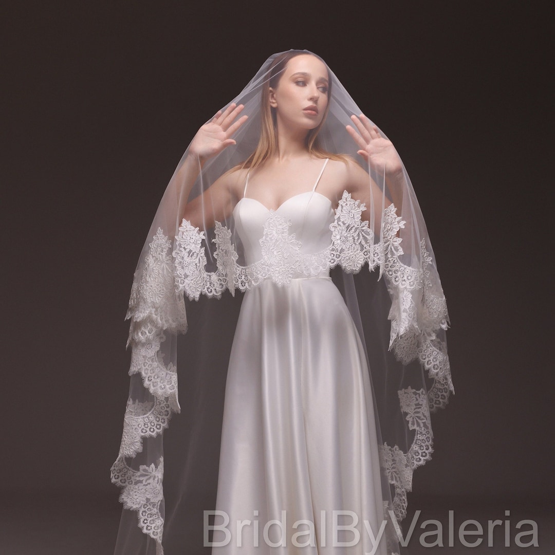 Catholic classical bridal veil, Long Cathedral veil with blusher, 2 ...