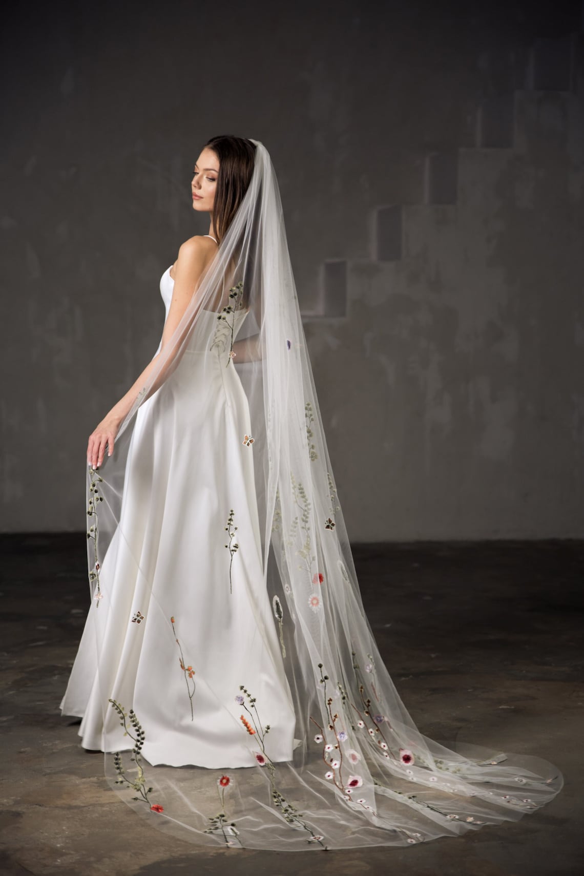 Embroidered Floral Wedding Veil: Multi-color Tulle, Boho Bridal Veil - Etsy