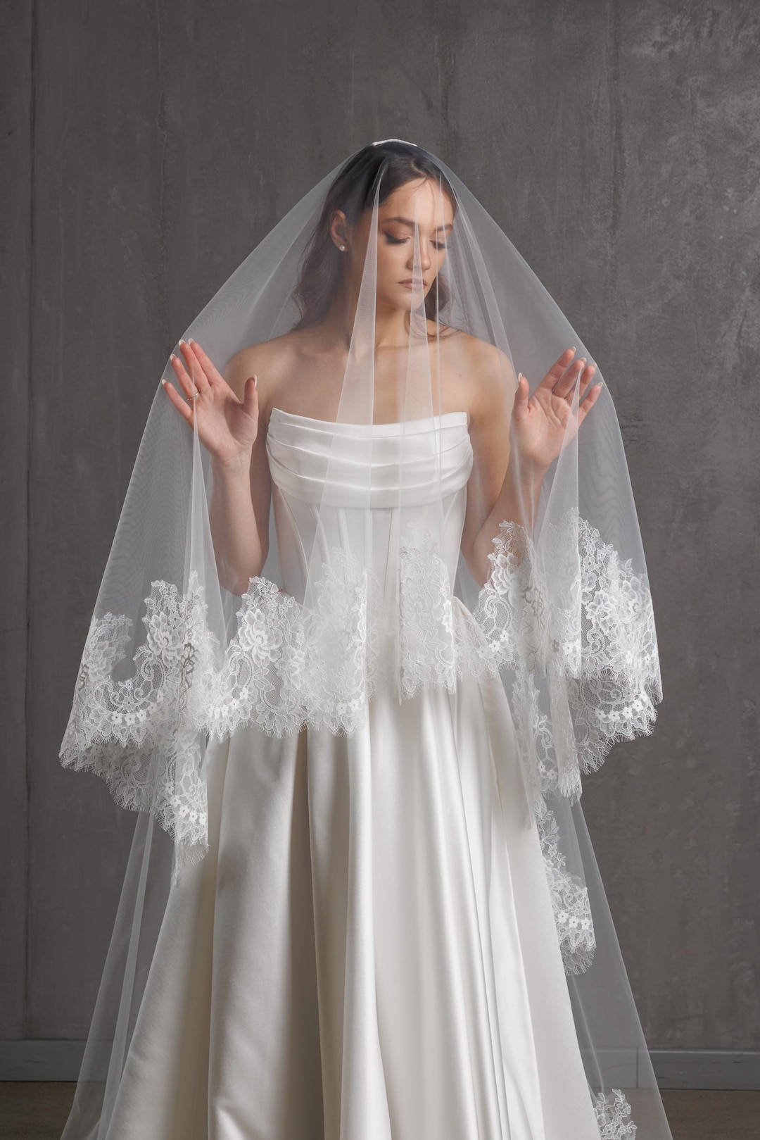 Chantilly Lace Wedding Veil: Two-tier Cathedral Bridal Veil - Light ...