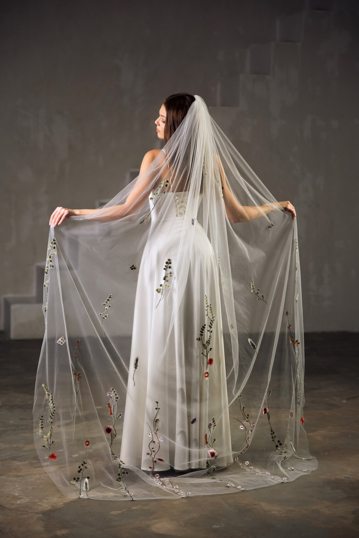 Embroidered Floral Wedding Veil: Multi-color Tulle, Boho Bridal Veil - Etsy