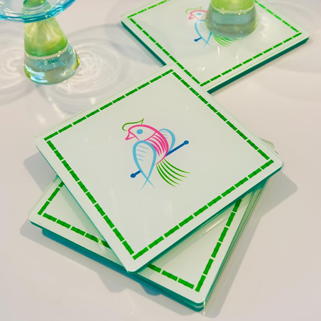 Mahjong Bird Bam Coaster Set, Good Luck Bamboo Sparrow Design, Perfect ...