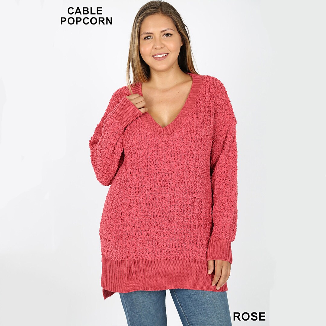 Plus Size Cable Knit Popcorn V-neck Hi-low Sweater Solid - Etsy