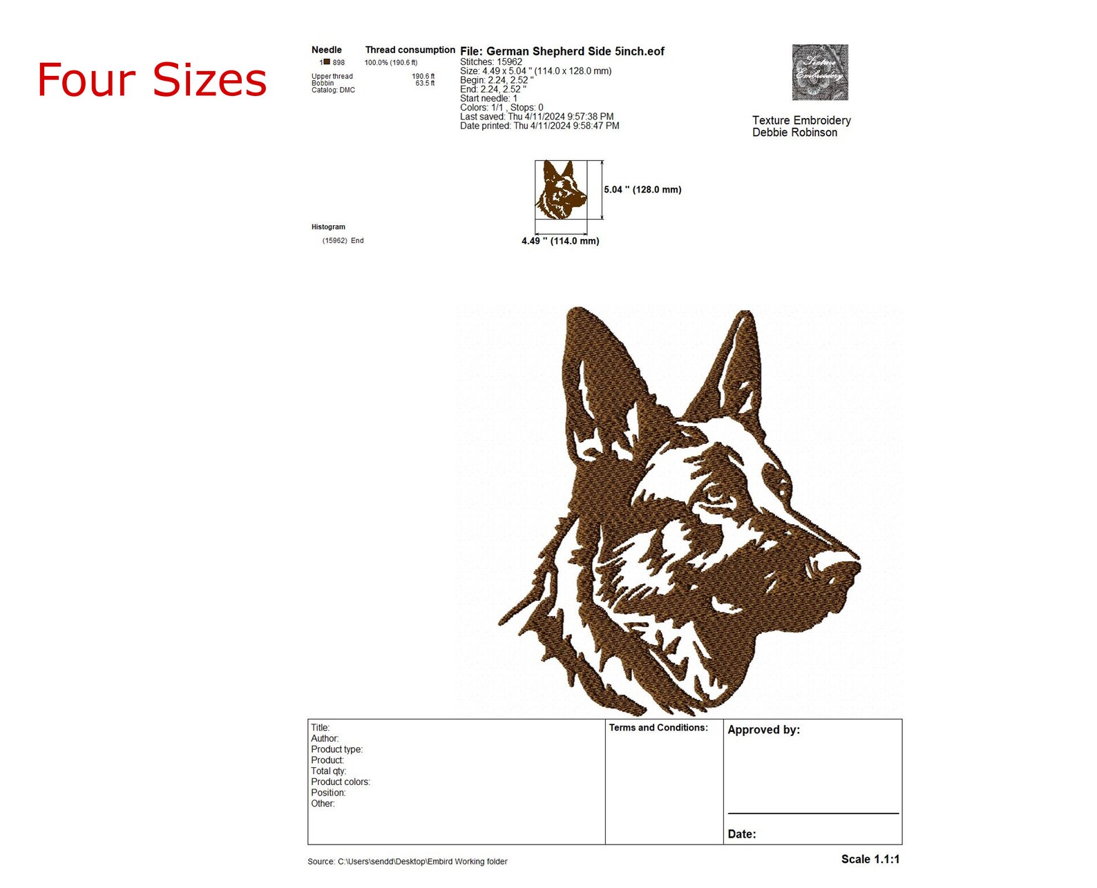 German Shepherd Side Machine Embroidery Design, Four Sizes Included ...