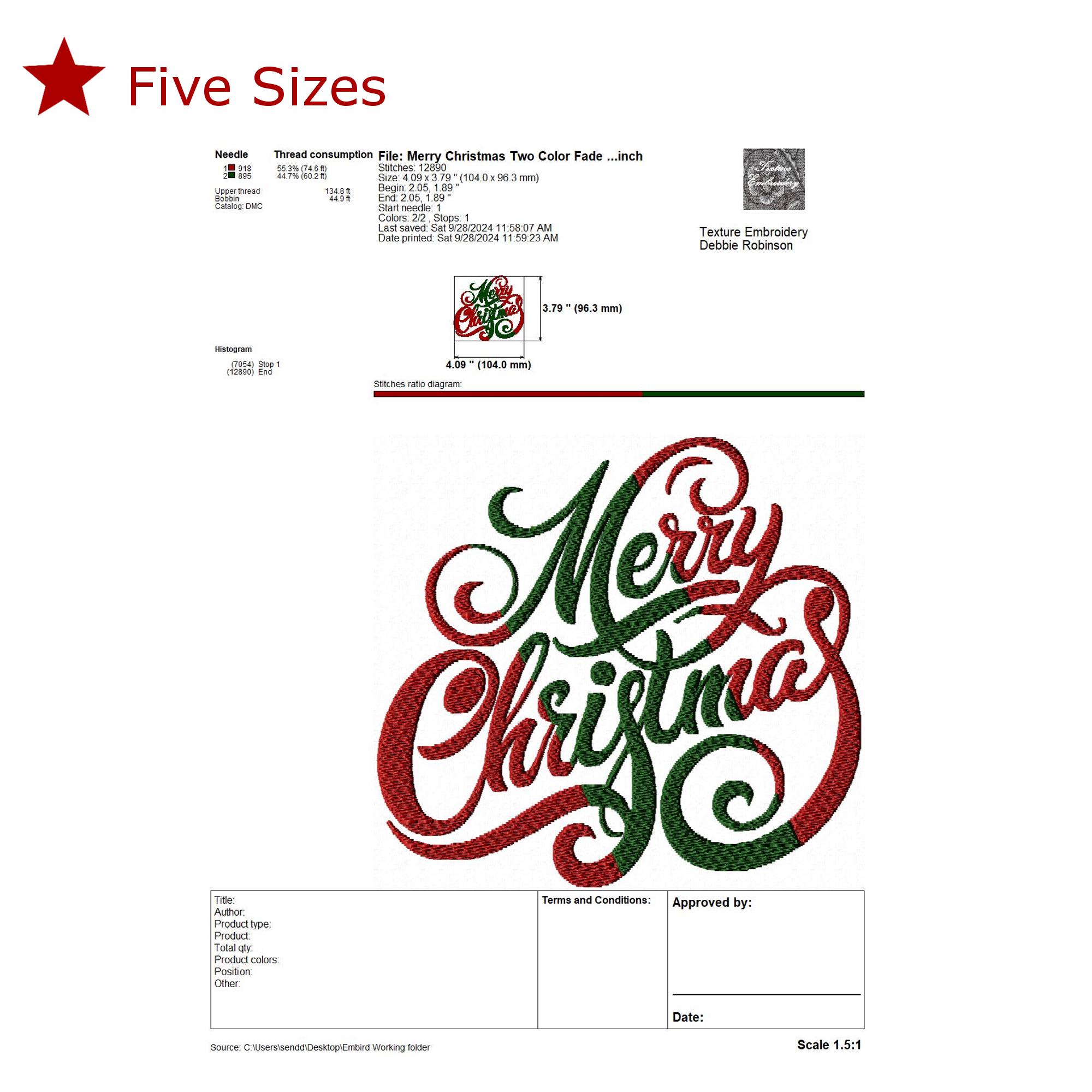 Merry Christmas Two Color Fade Machine Embroidery Design, Five Sizes ...