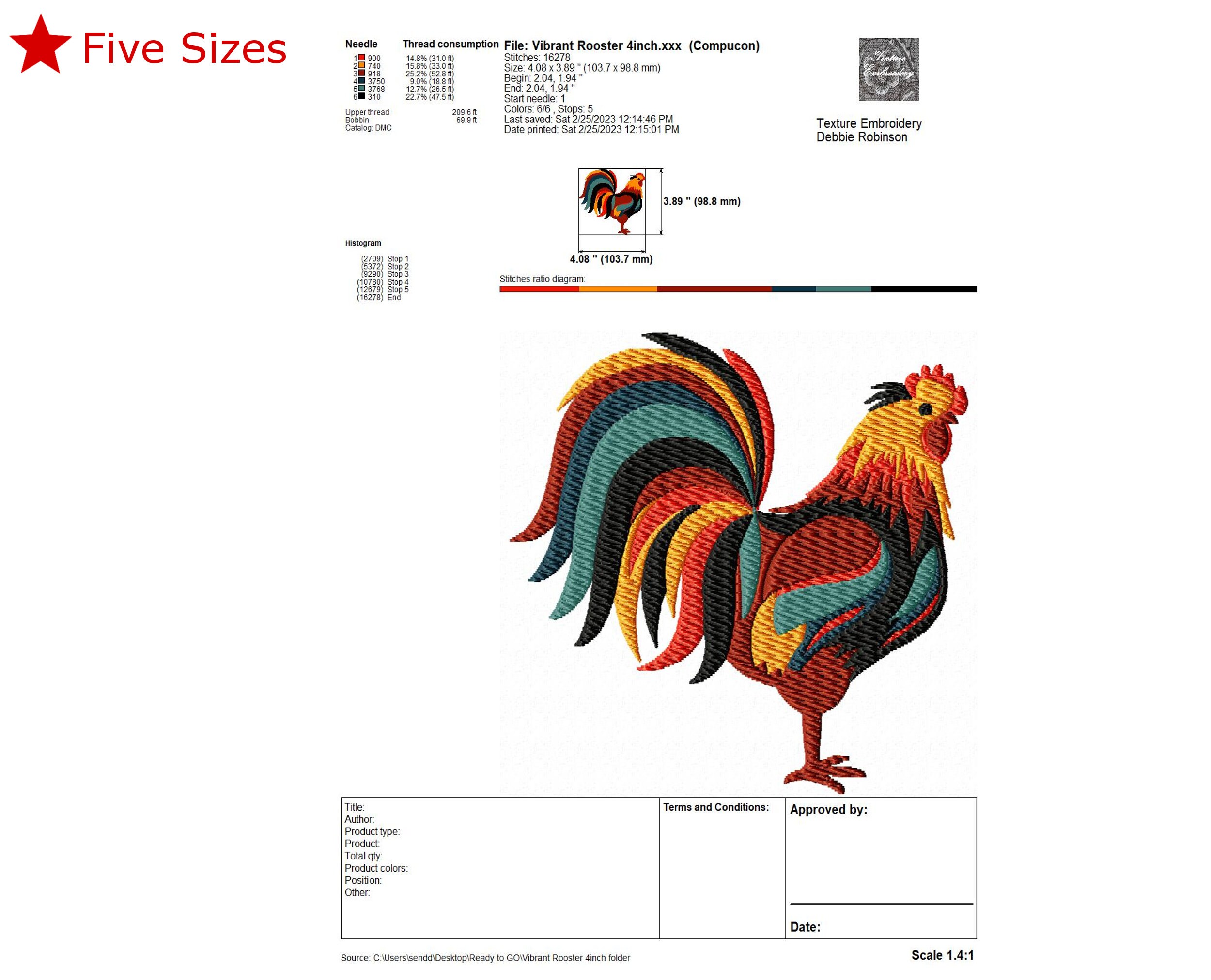 Vibrant Rooster Machine Embroidery Design Five Sizes - Etsy