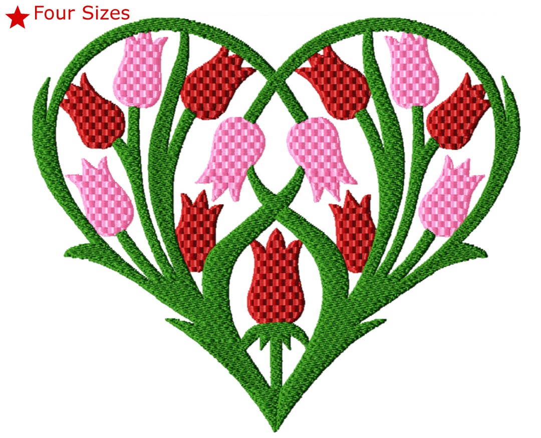 Tulip Heart Machine Embroidery Design, Four Sizes Included, Instant ...