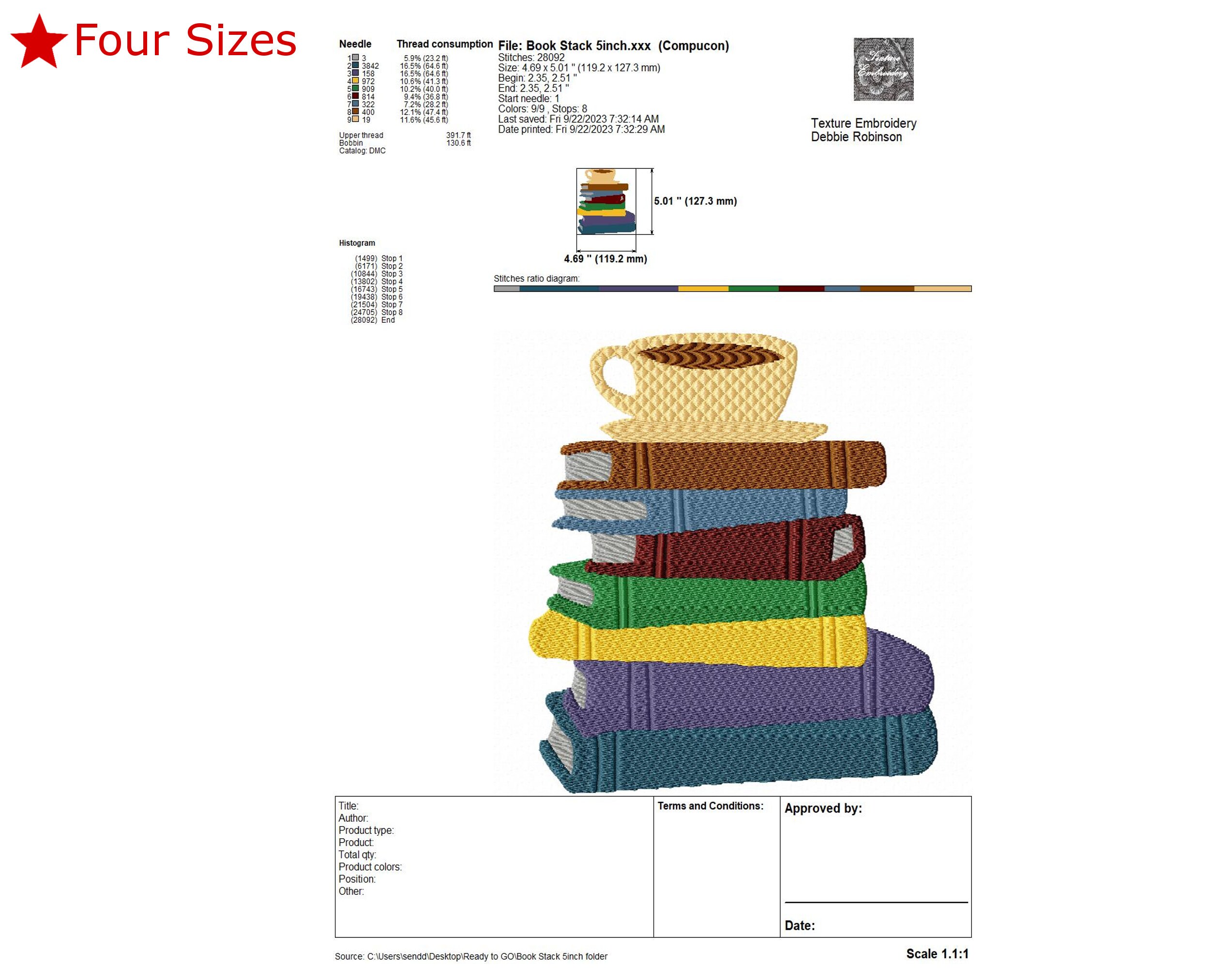 Book Stack Machine Embroidery Design, Four Sizes Included, Instant ...