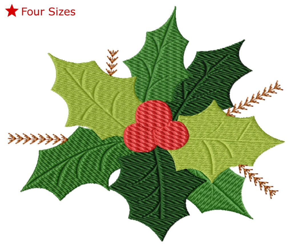 Holly Sprig Machine Embroidery Design, Four Sizes Included, Instant ...