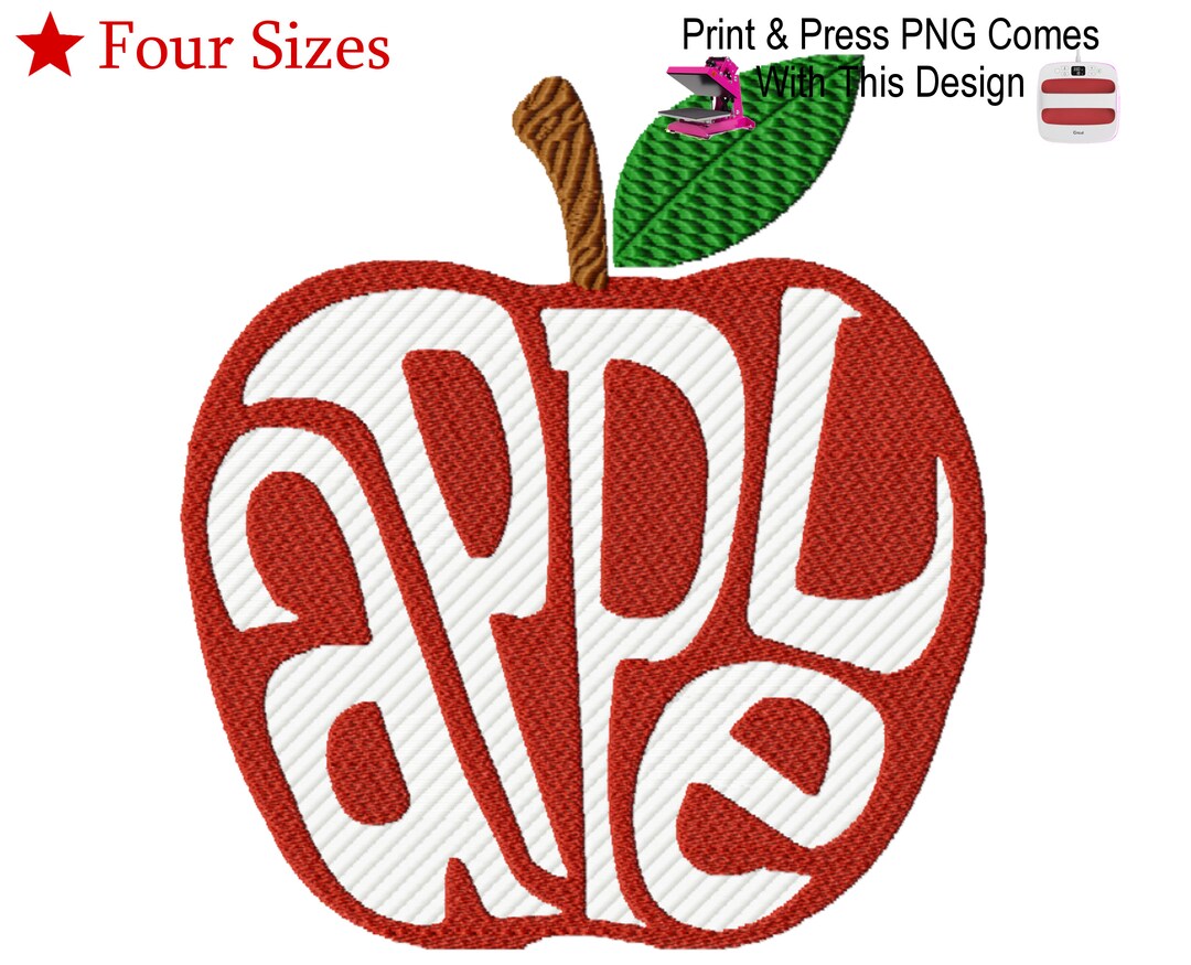 Apple Word Machine Embroidery Design, Four Sizes Included, Instant ...