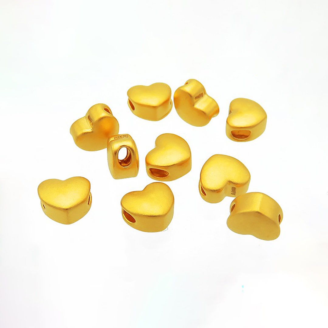 999 Pure Gold Heart Beads - 7mm Love Beads - Frosted Gold Bead - Matte ...