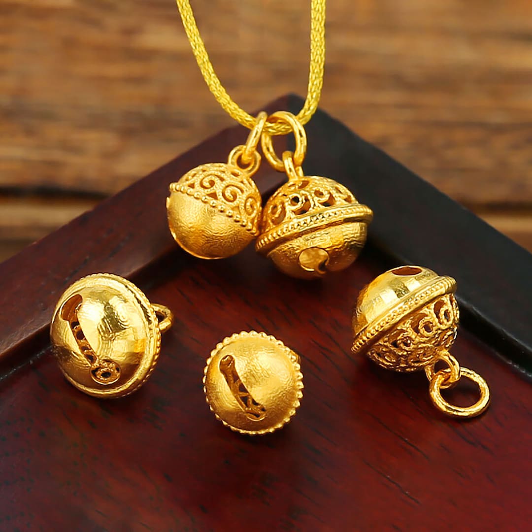 18k Gold Bell Charm - Hollow Flower Unique Designed - Holiday Bells ...