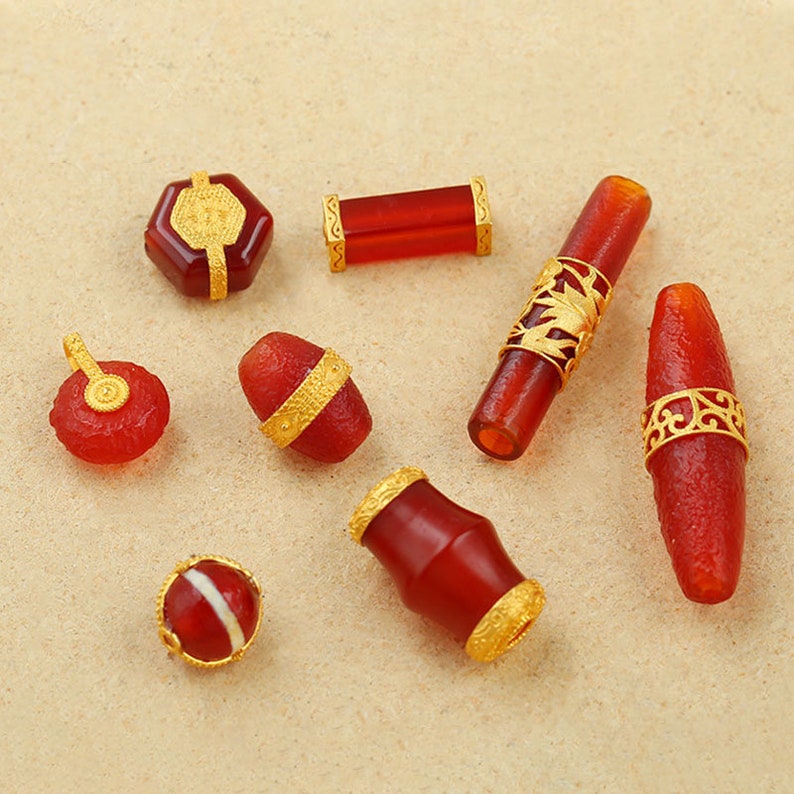 18K Gold Inlaid Agate Beads Red Agate Charms Red Pave - Etsy