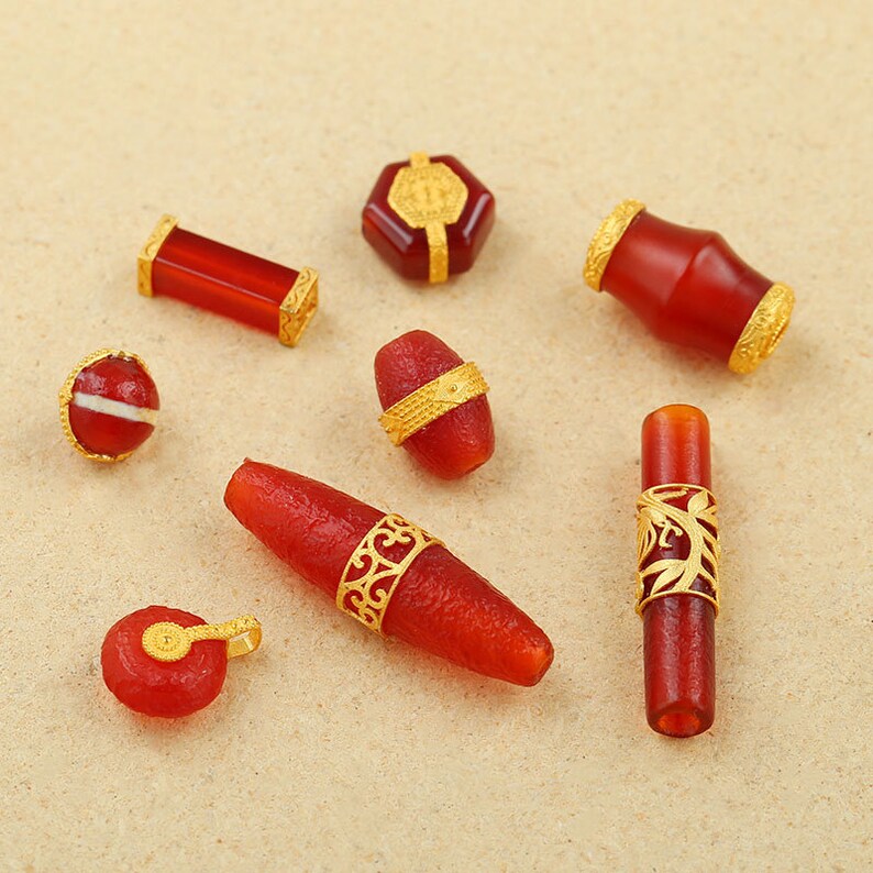 18K Gold Inlaid Agate Beads - Red Agate Charms - Red Pave Beads ...
