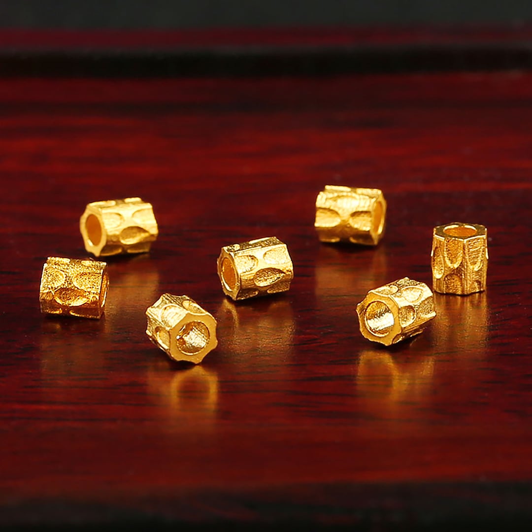 18k Solid Yellow Gold - Meteorite Pattern Beads - Round Tube Spacer ...