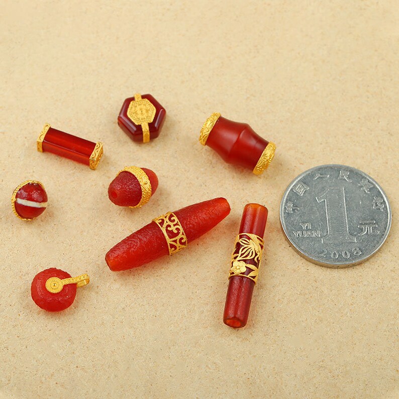 18K Gold Inlaid Agate Beads Red Agate Charms Red Pave - Etsy