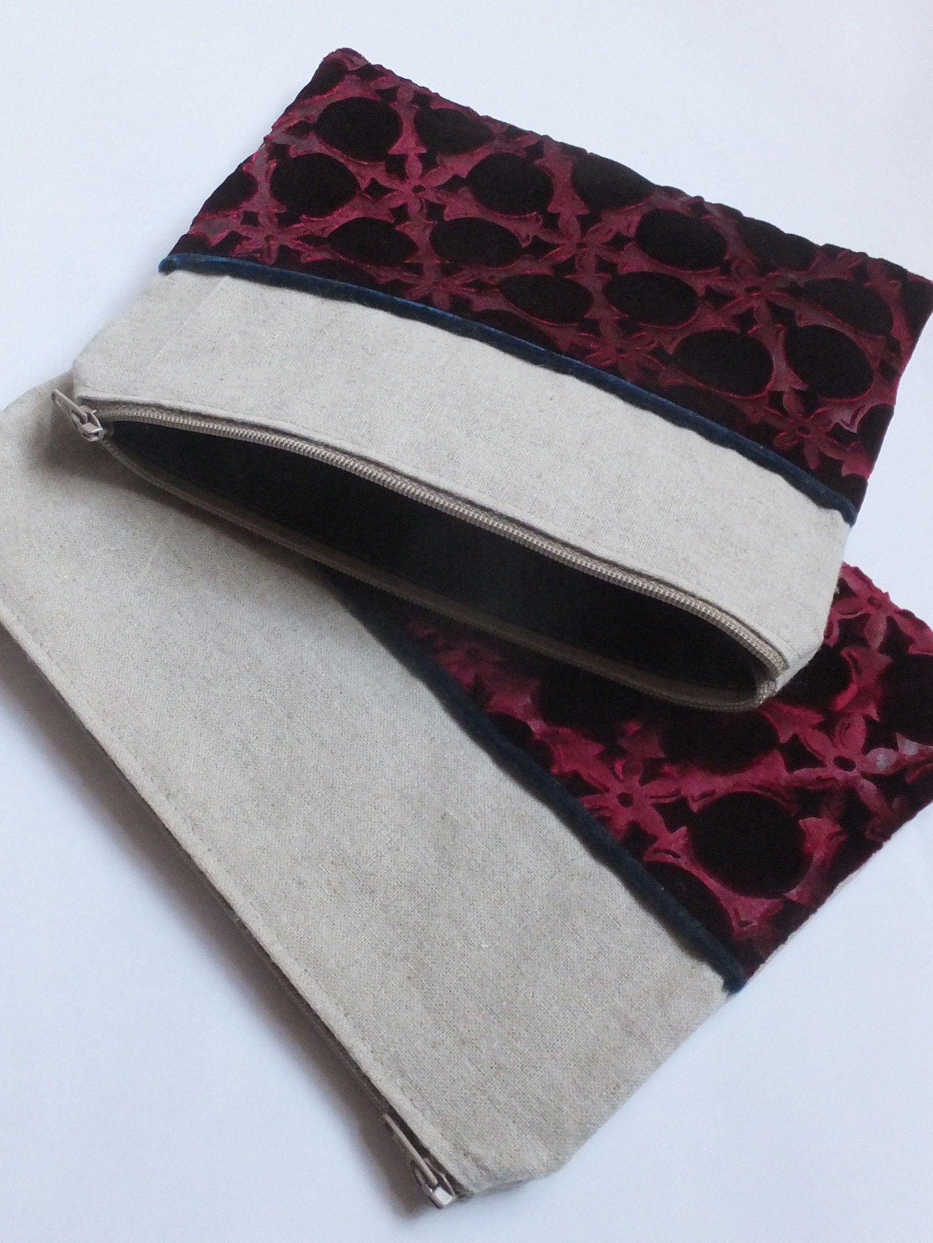 Burgundy Embossed Velvet and Linen Trellis, Zip Medium Pouch Bag ...