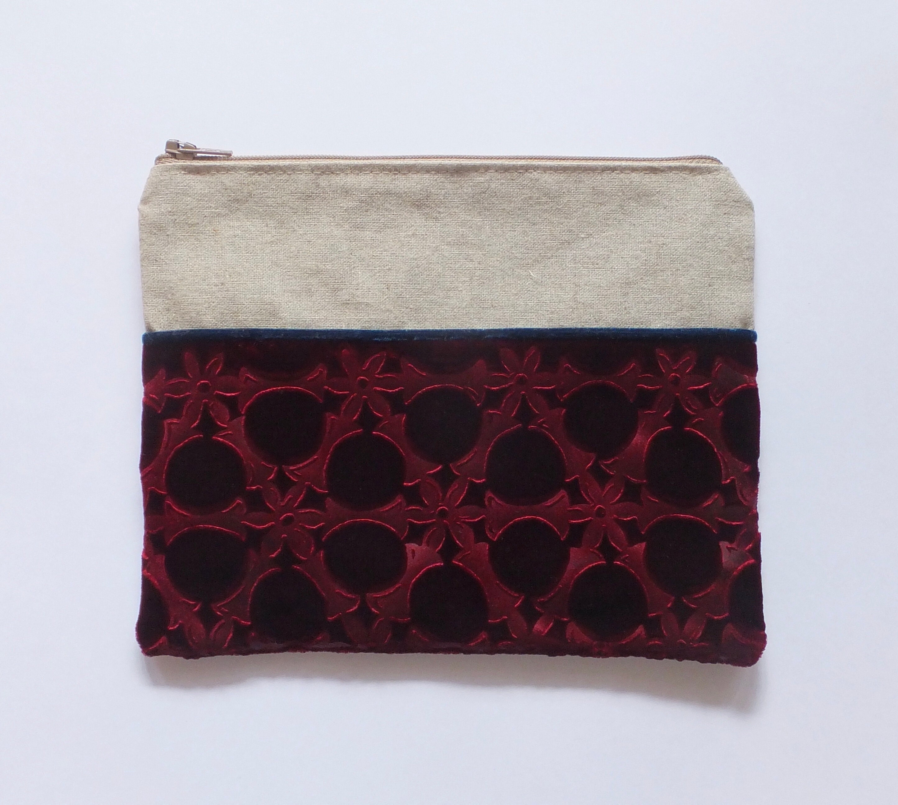 Burgundy Embossed Velvet and Linen Trellis, Zip Medium Pouch Bag ...