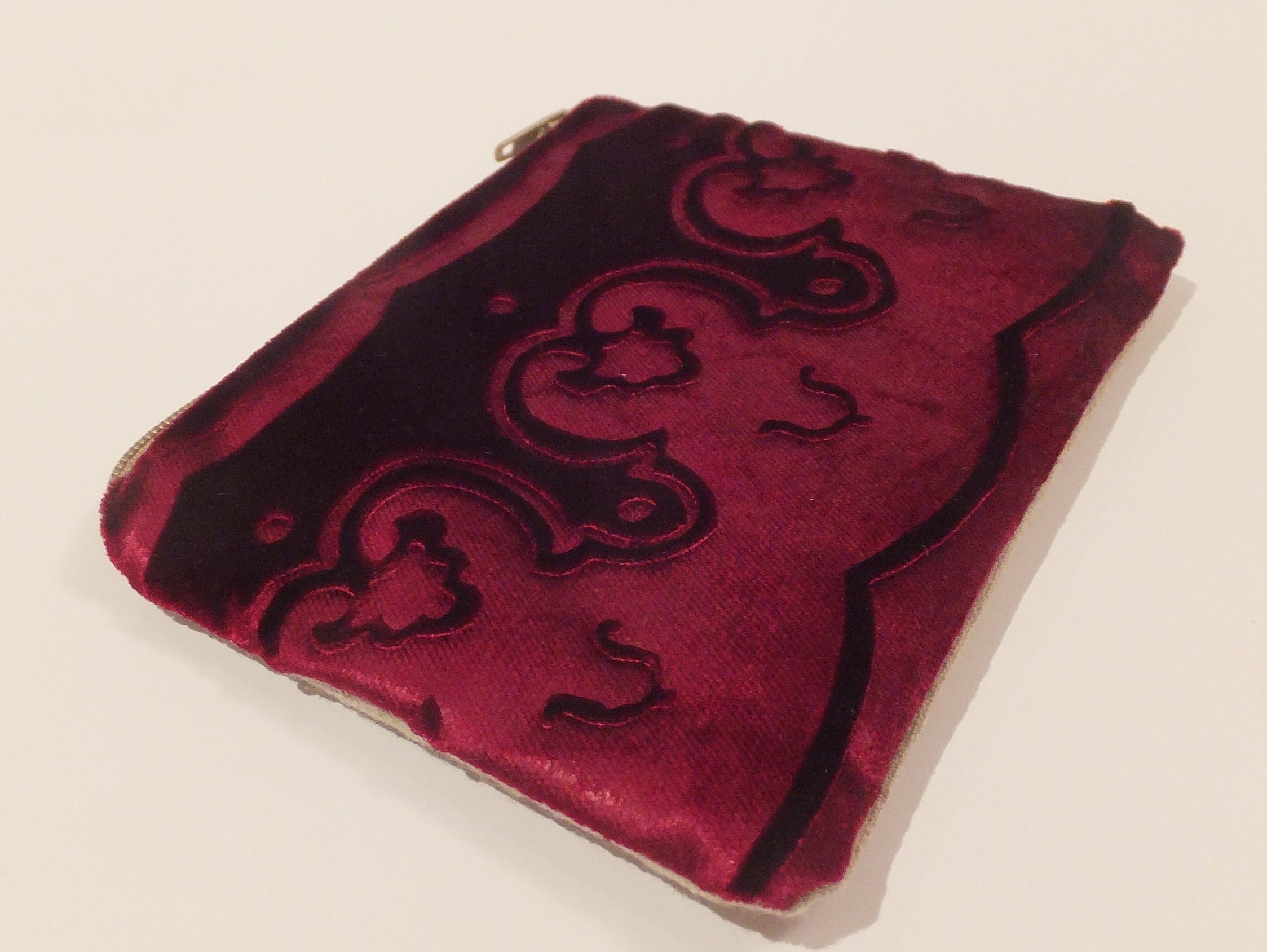 Burgundy Embossed Velvet and Linen Border Zip Pouch Purse. Handmade ...