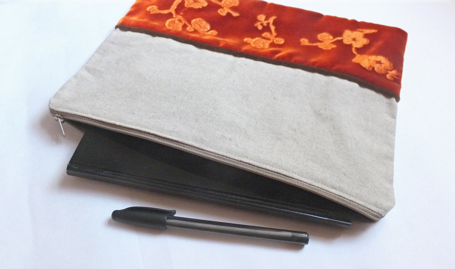 Floral Orange Embossed Velvet & Linen Extra Large Zip Pouch Bag ...