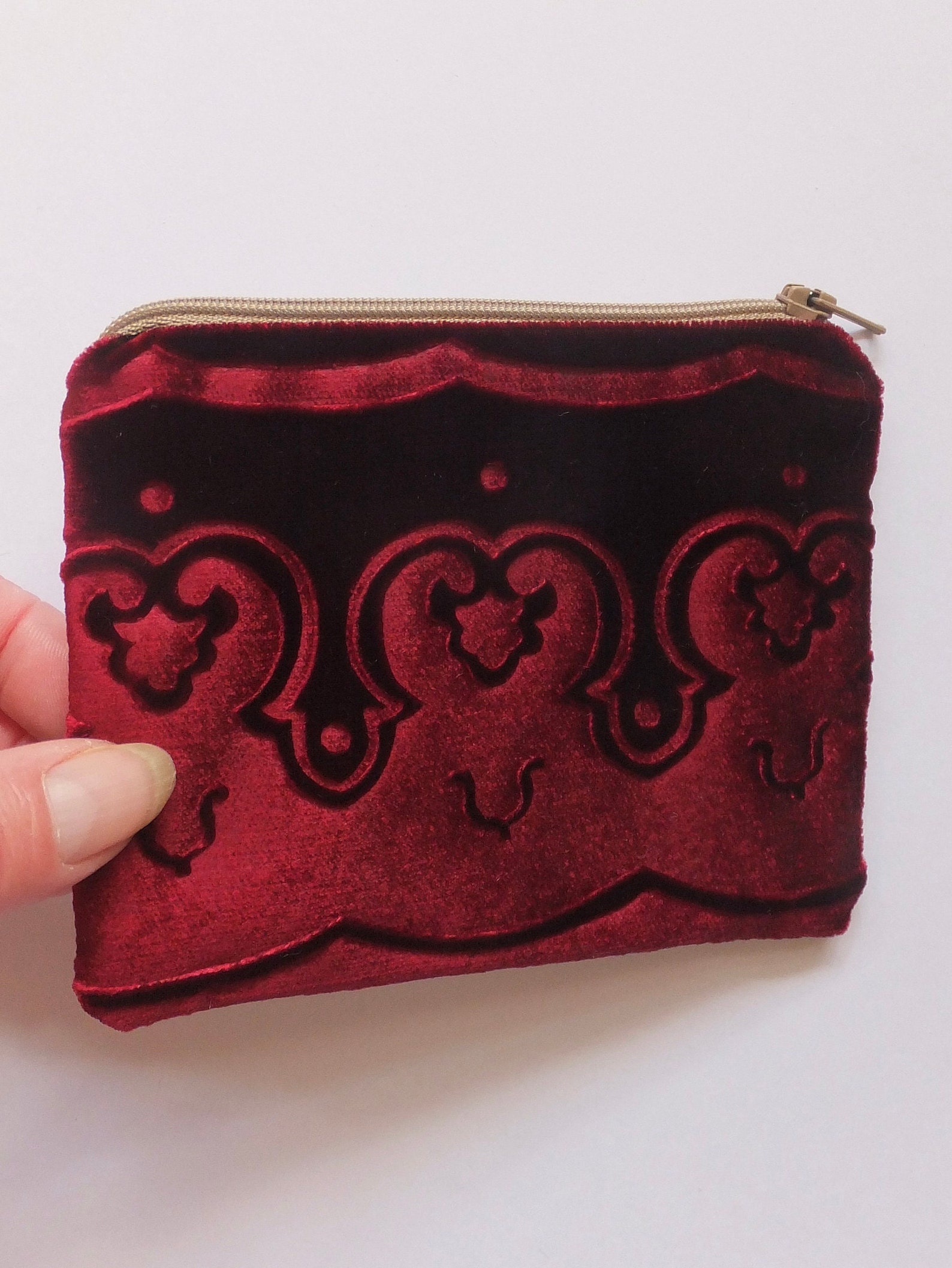 Burgundy Embossed Velvet and Linen Border Zip Pouch Purse. Handmade ...