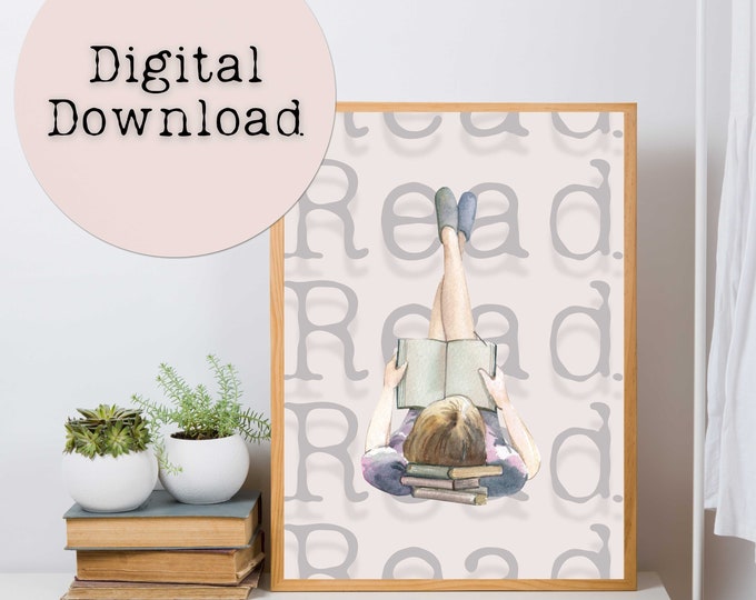 Watercolor Girl Reading Books Printable Wall Art Digital - Etsy