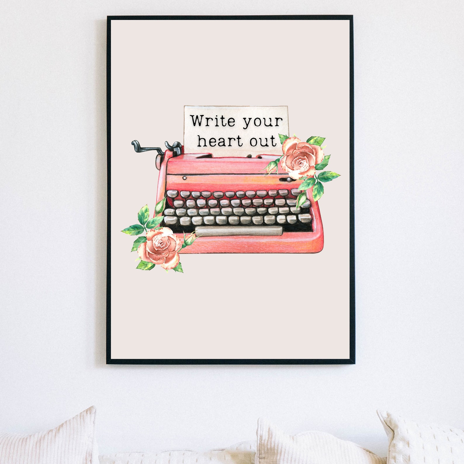 Pink Watercolor Typewriter With Flowers Printable Wall Art | Digital ...