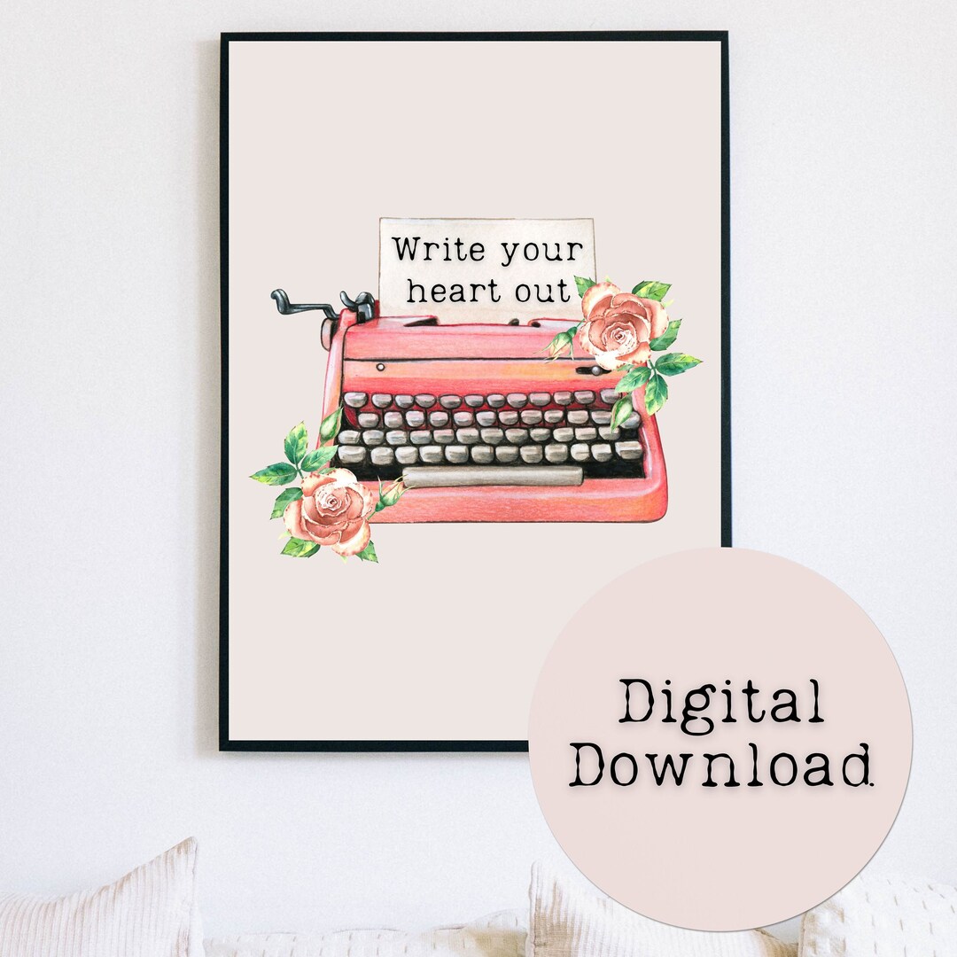 Pink Watercolor Typewriter With Flowers Printable Wall Art | Digital ...