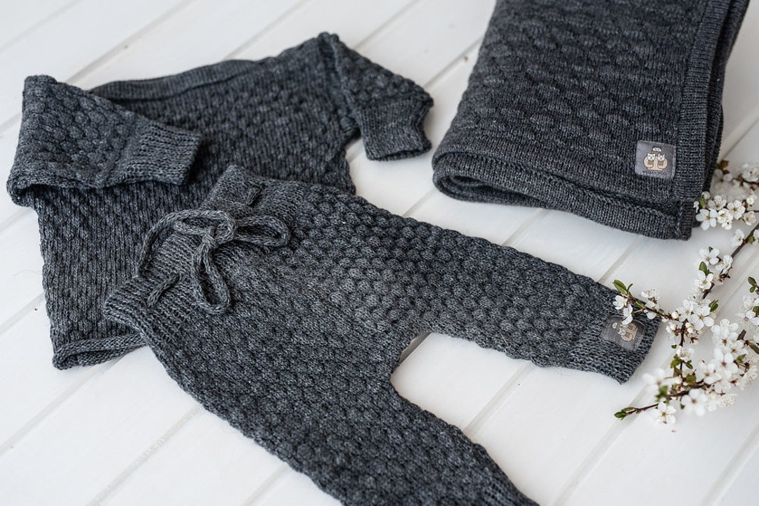 Dark Grey Merino Wool Crochet Baby Clothing Set and Knit Baby Blanket ...