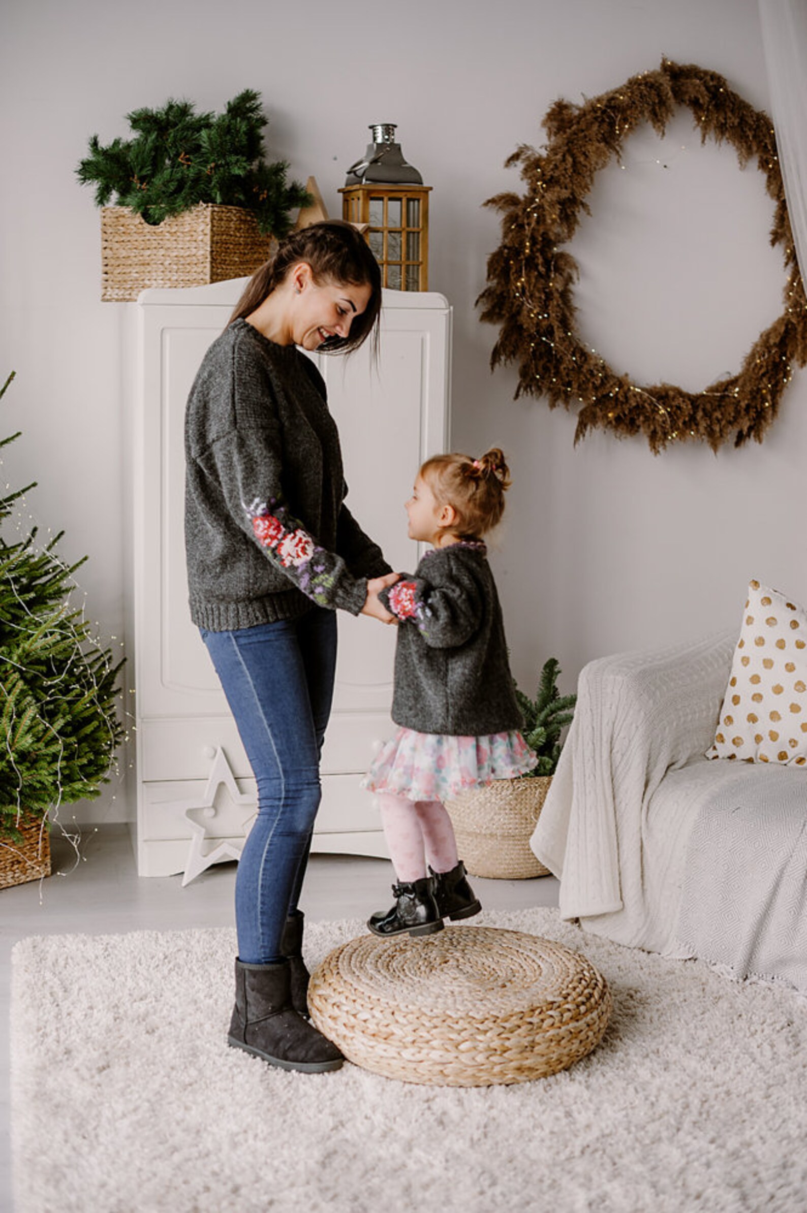 Wool mom and daughter matching sweaters Clothing set Floral | Etsy