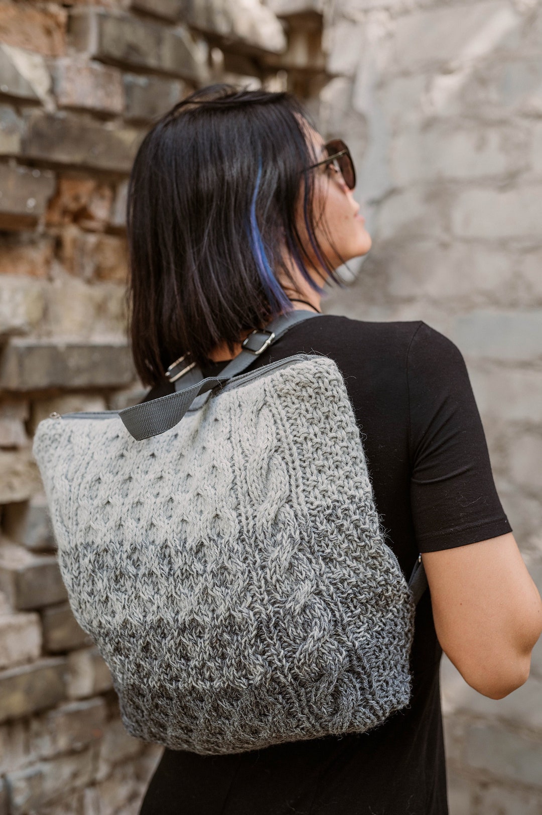 Ombre Knit Backpack Wool Knitted Bag Hand Knit Rucksack Winter Backpack ...