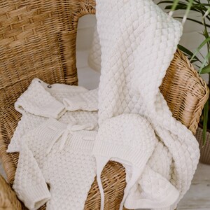 Merino Wool Knitted Baby Clothing and Blanket Set White Baby Sweater ...