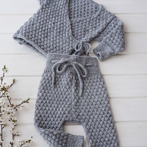 Merino Wool Knitted Baby Set of Pants Sweater Hat and Baby Blanket Grey ...
