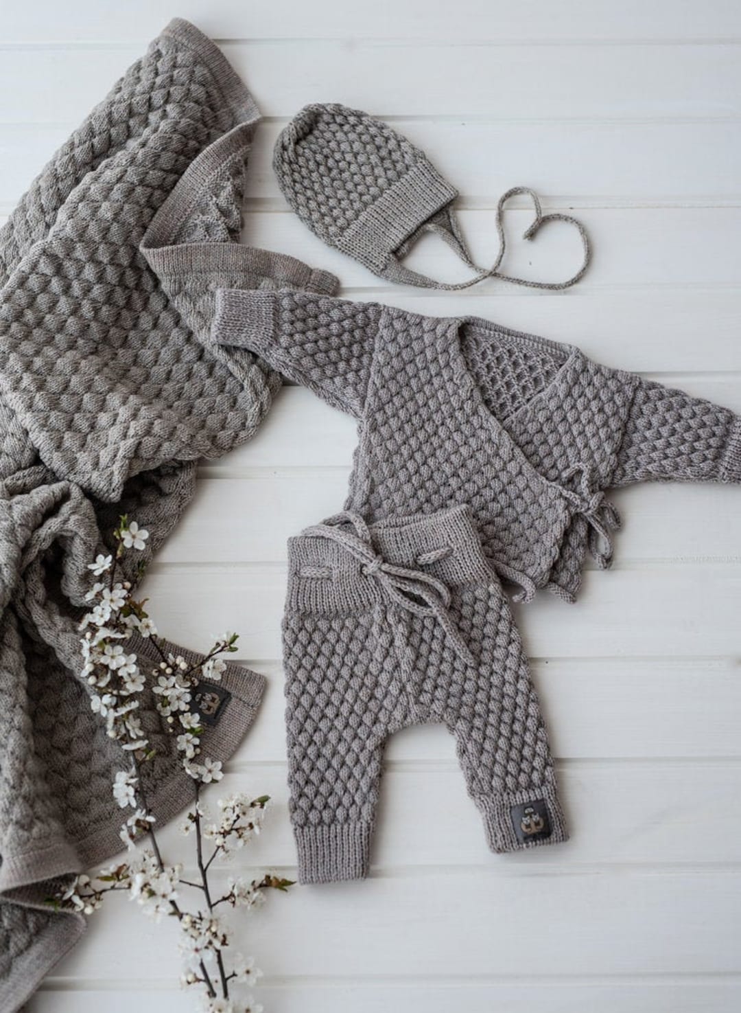 Merino Wool Knitted Baby Set of Pants Sweater Hat and Baby Blanket Grey ...