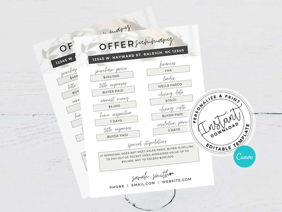 Offer Summary Cover Sheet, Real Estate Marketing, Real Estate Offer ...