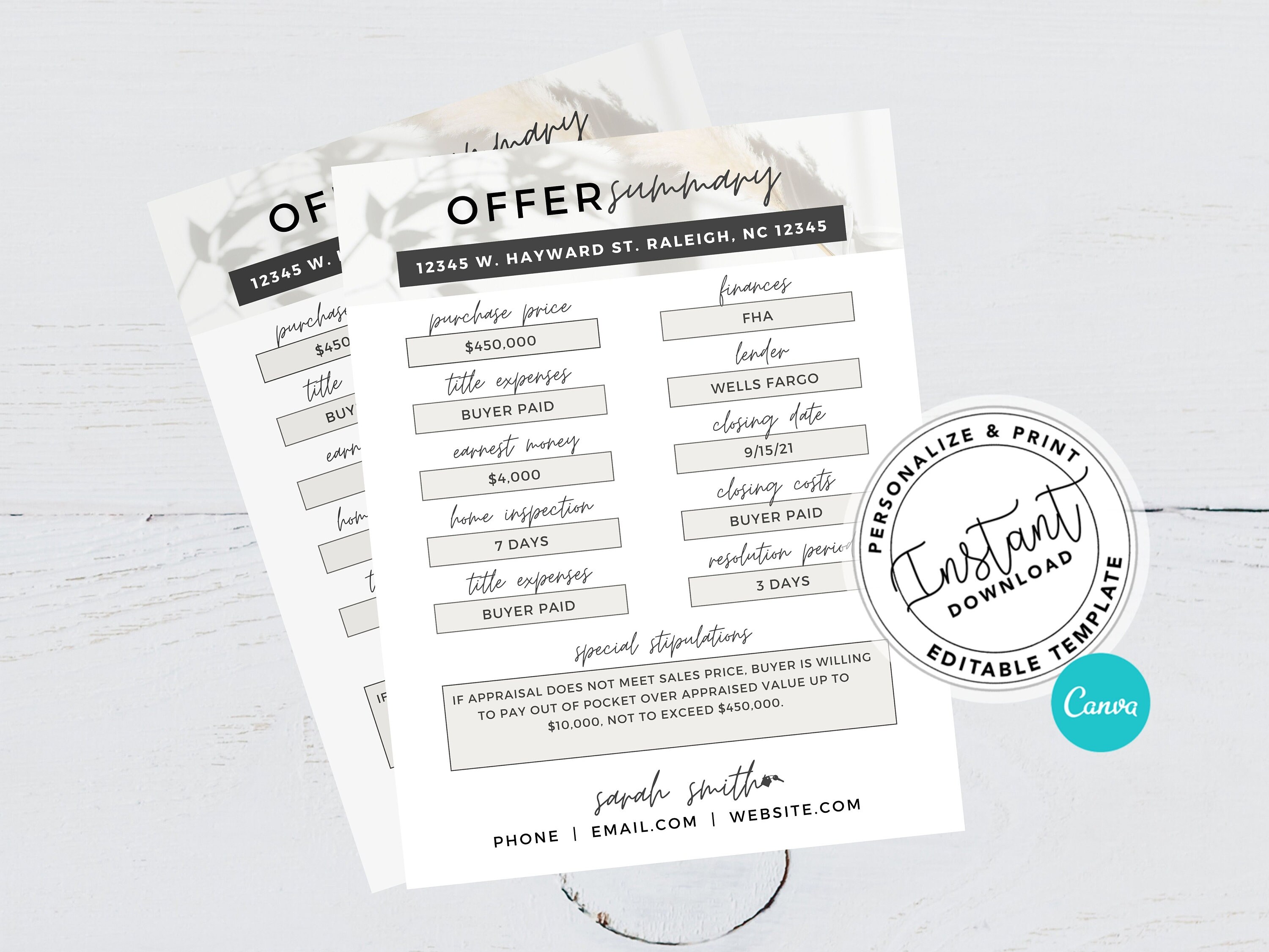 Offer Summary Cover Sheet, Real Estate Marketing, Real Estate Offer ...