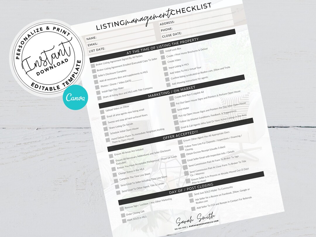Real Estate Listing Management Checklist, Listing to Close Checklist ...