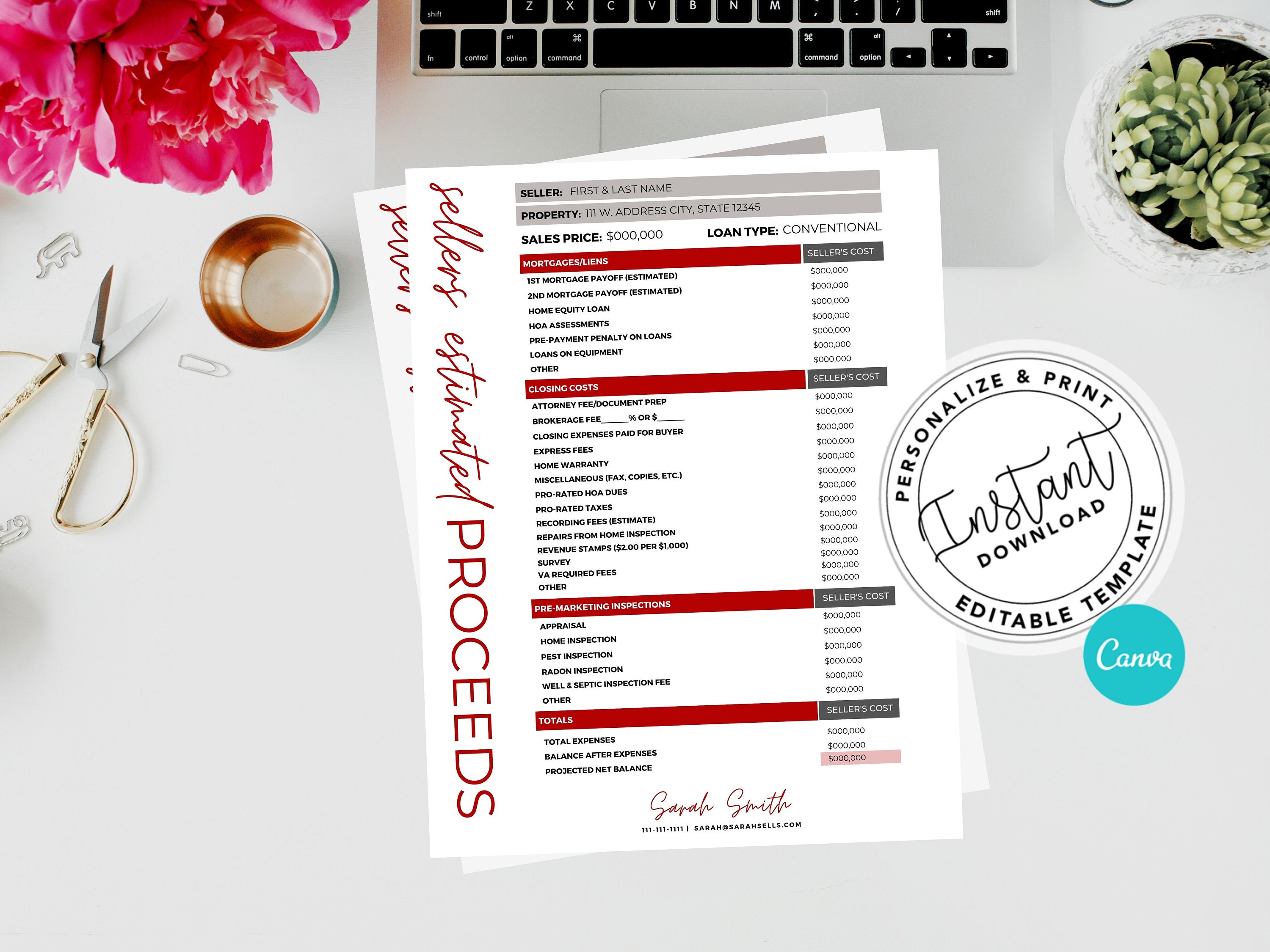 Real Estate Sellers Estimated Net Proceeds Sheet Home Seller | Etsy