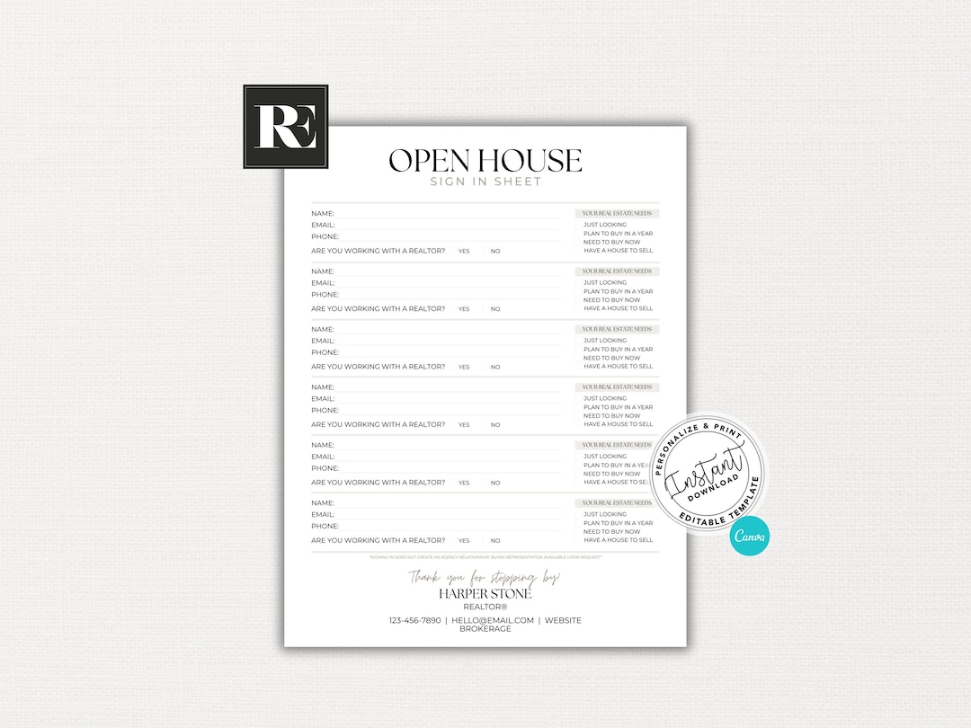 Open House Sign in Sheet Canva Template, Real Estate Open House Form ...