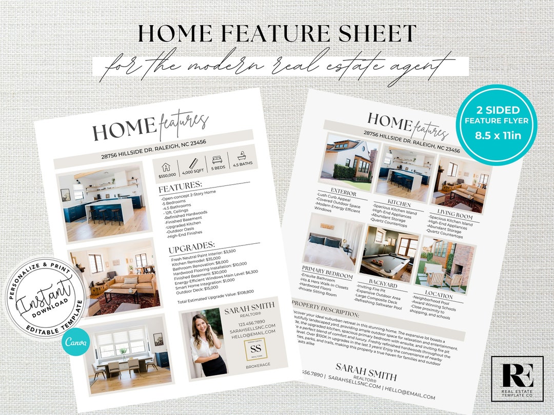 Real Estate Home Feature Sheet, Flyer Template, Real Estate Marketing ...