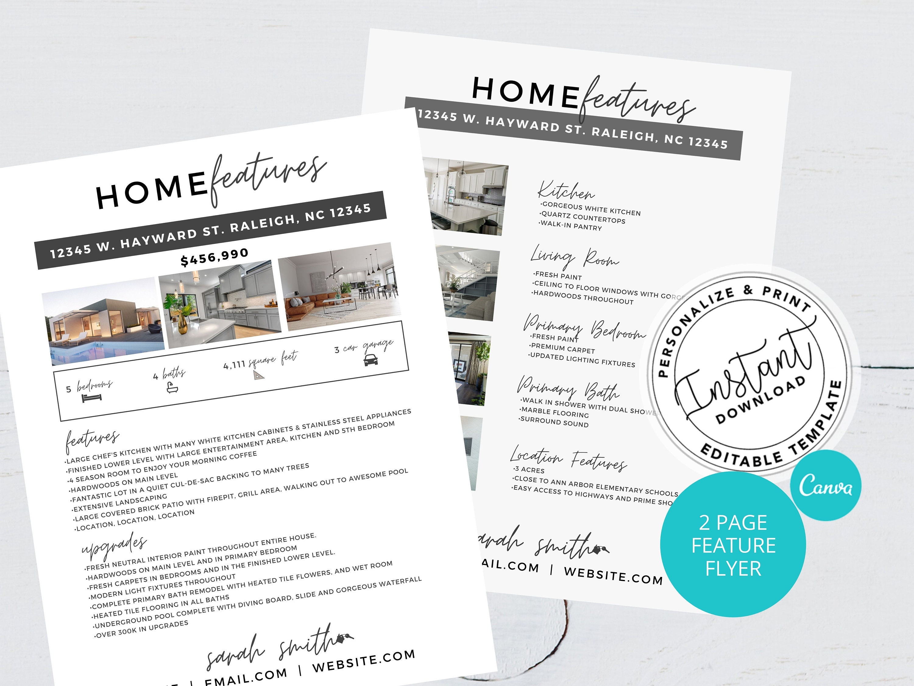 Real Estate Home Feature Sheet Flyer Template 2 Pages Real - Etsy