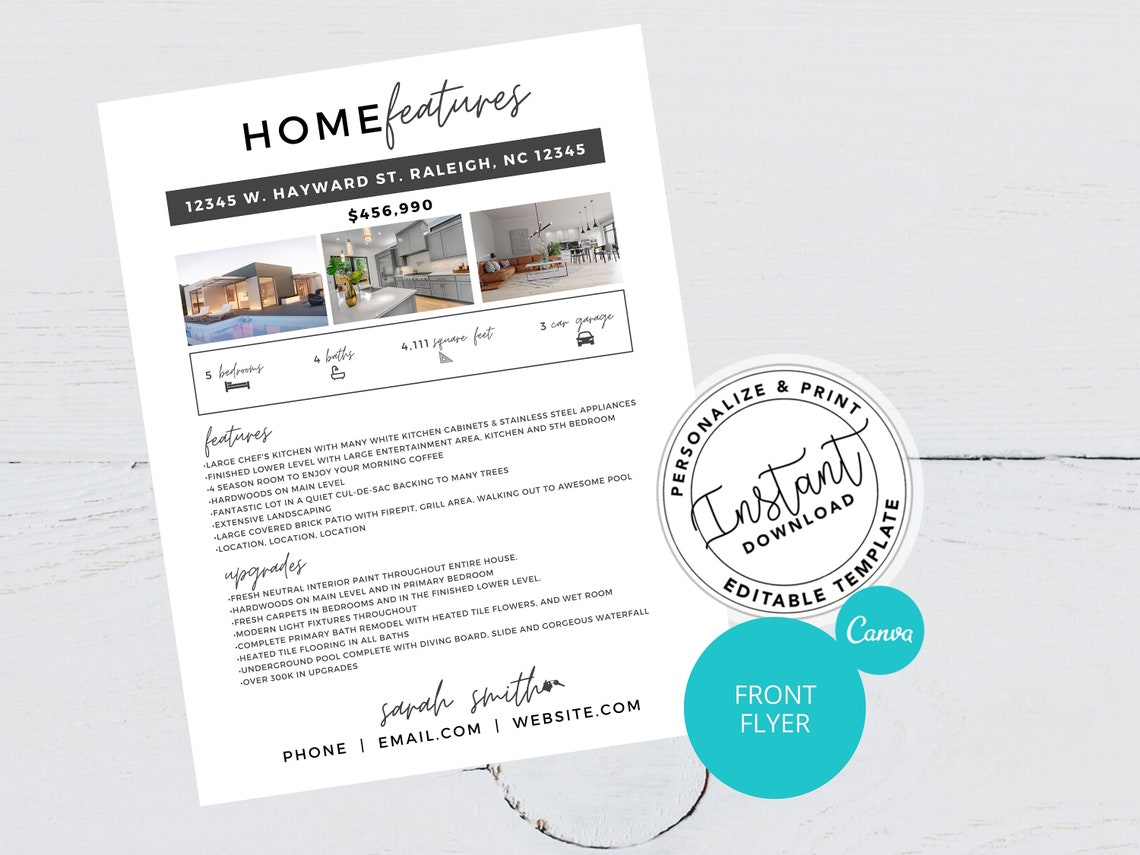 Real Estate Home Feature Sheet Flyer Template 2 Pages, Real Estate ...