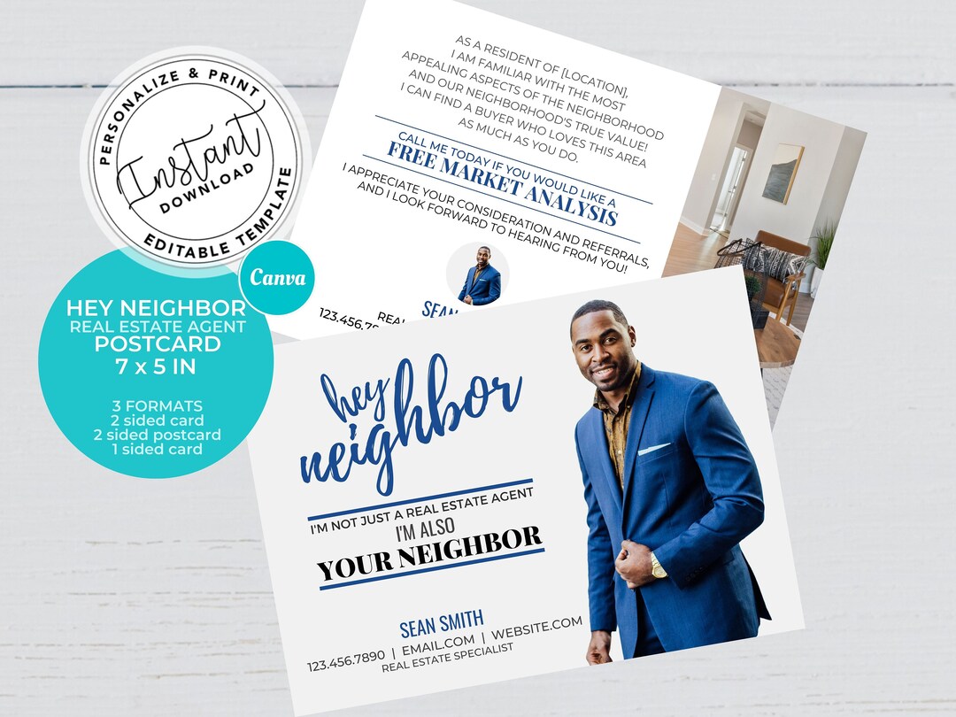 Real Estate Postcards, Blue Real Estate Agent Hey Neighbor Card, Agent ...
