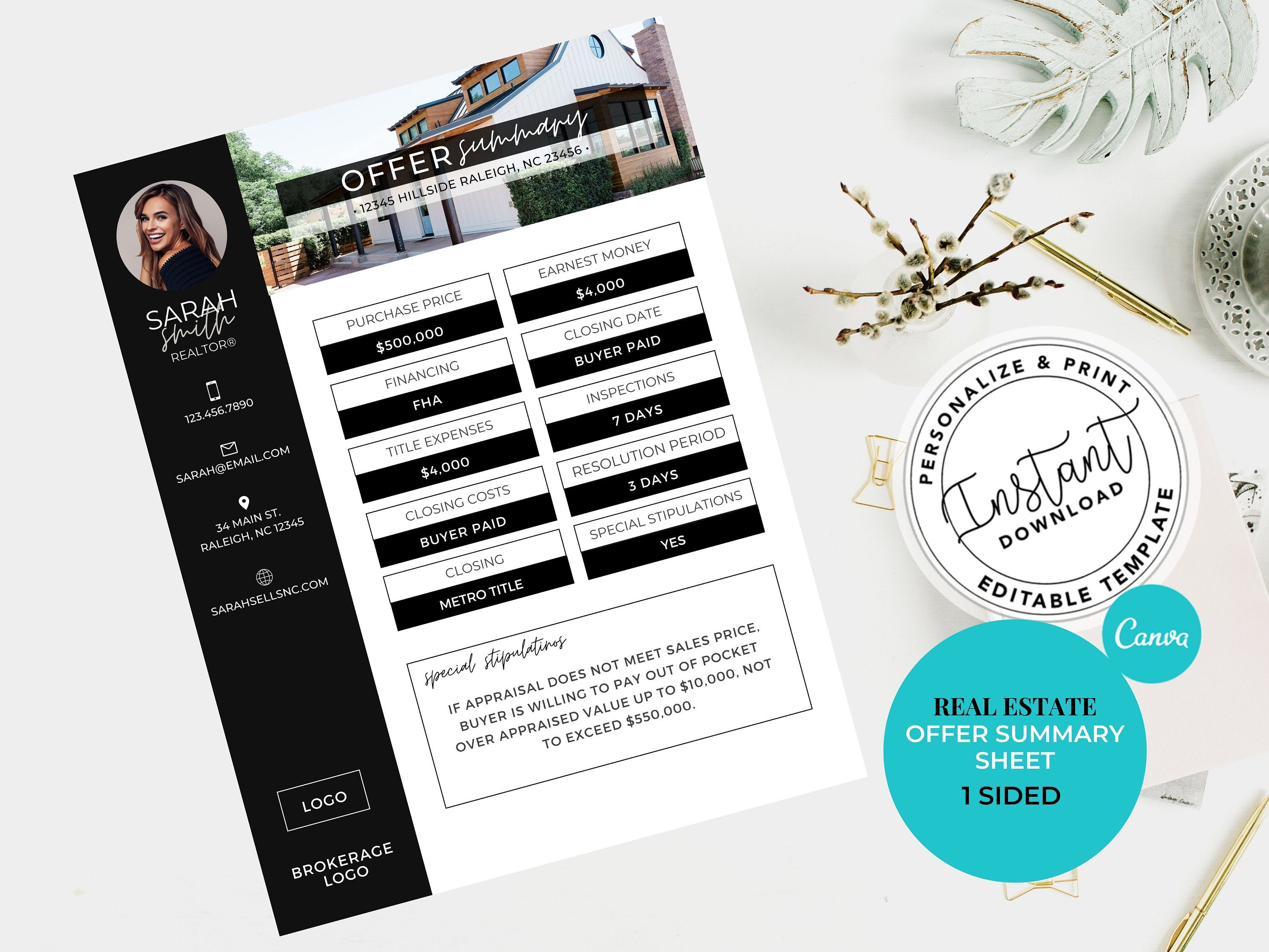 Real Estate Offer Summary Sheet, Real Estate Marketing, Real Estate ...