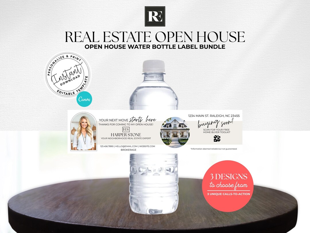 Open House Water Bottle Label Template: Real Estate Canva Template ...