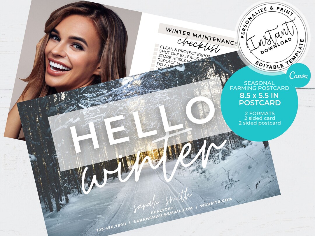 Real Estate Hello Winter Postcard, Real Estate Marketing, Winter Mailer ...