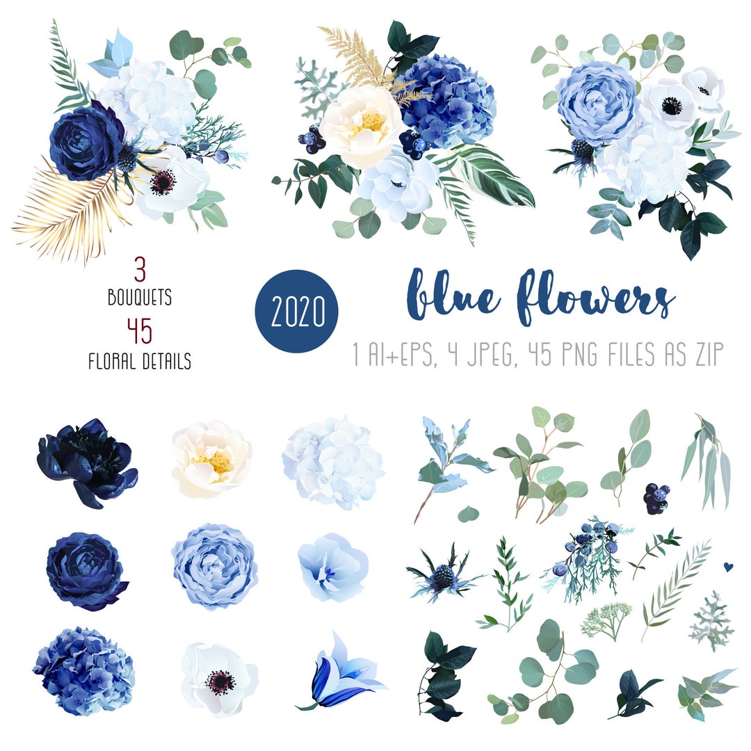 Navy Blue Flowers, White Anemone, Dusty Blue Hydrangea, Ranunculus ...