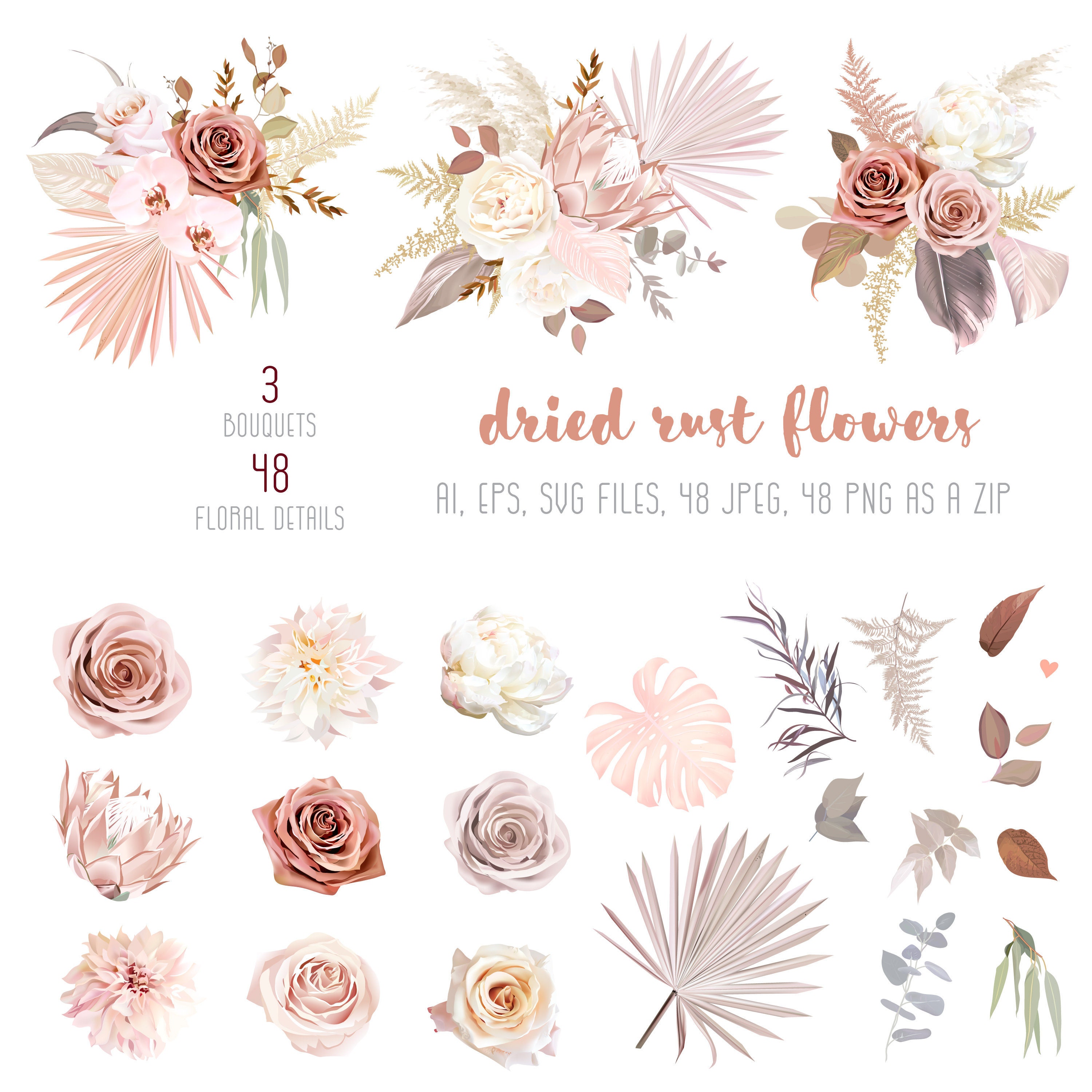 Dusty Pink and Rust Rose Protea Pale Dried Palms Brown - Etsy