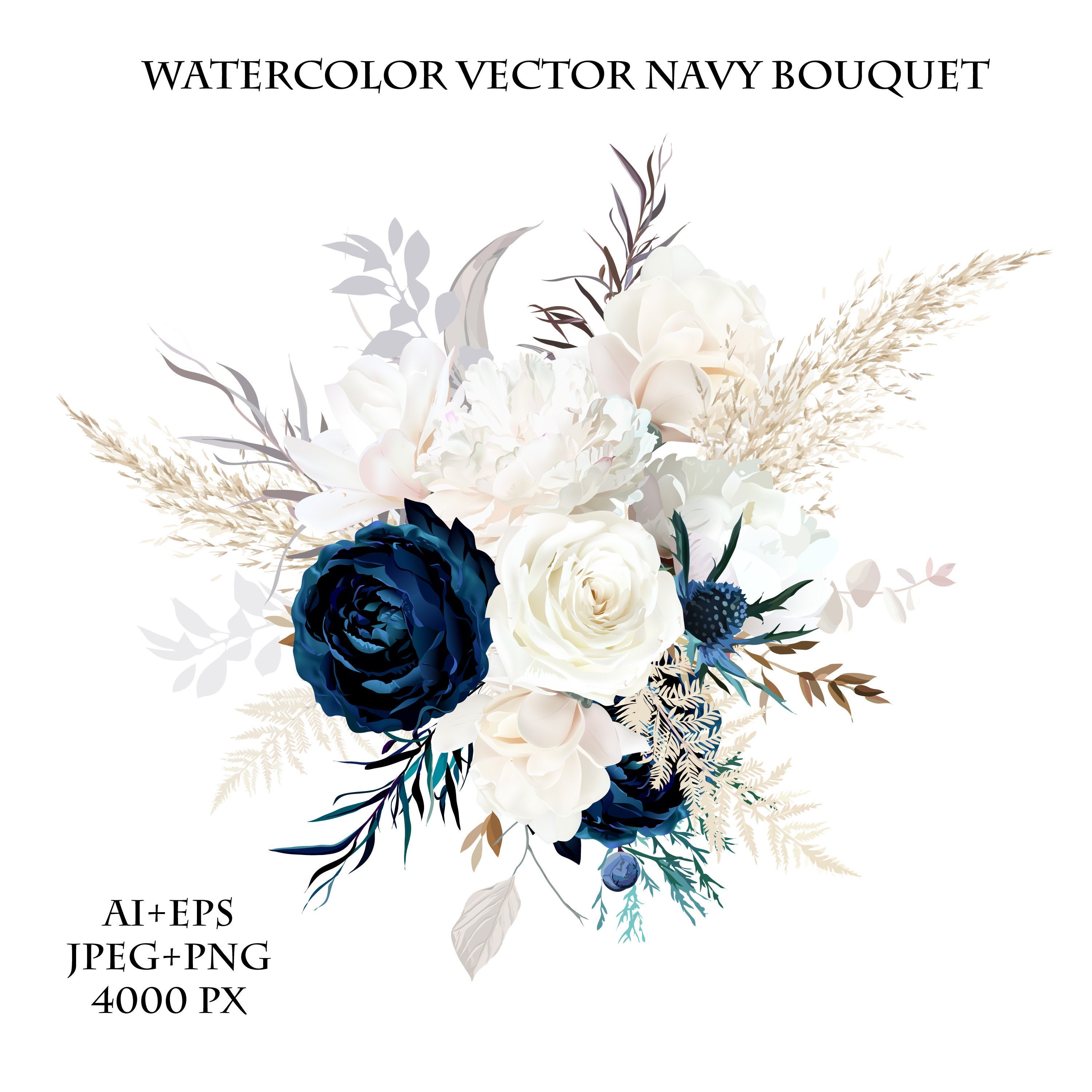 Luxurious Beige and Navy Blue Trendy Vector Design Bouquet. Pastel ...