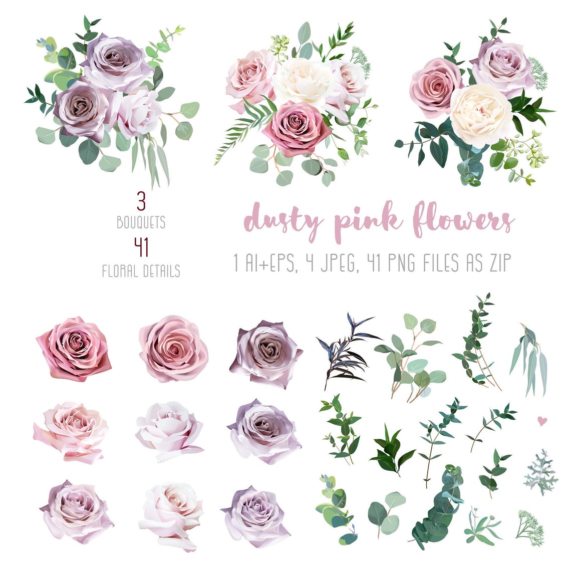 Dusty Pink and Mauve Antique Rose, Lavender and Pale Flowers ...